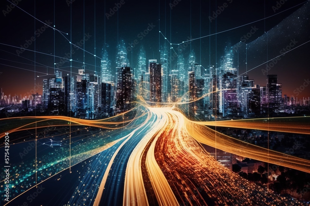 Smart Digital City Skyline with High Speed Light Trail of Cars of ...