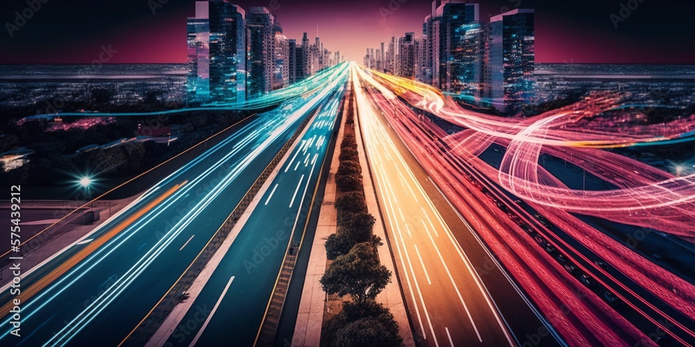 ภาพประกอบสต็อก Smart Digital City Skyline with High Speed Light Trail ...