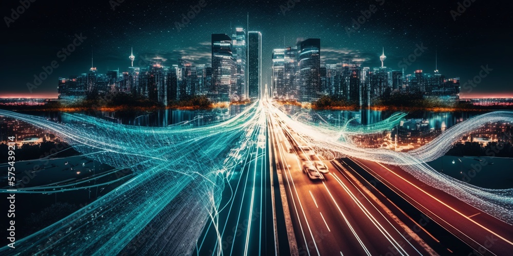 Smart Digital City Skyline with High Speed Light Trail of Cars of ...