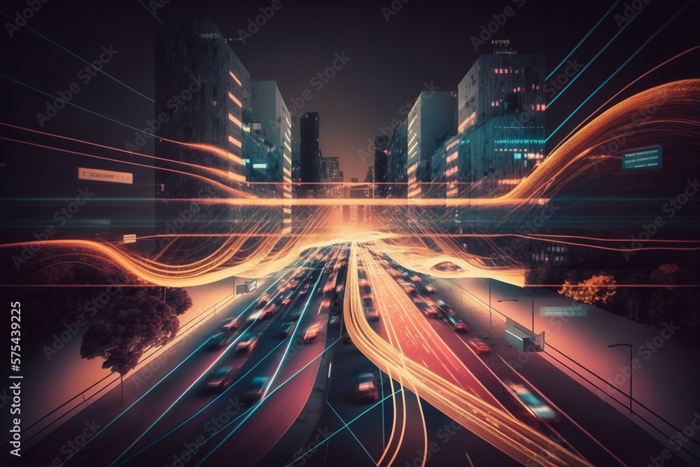 Smart Digital City Skyline with High Speed Light Trail of Cars of ...