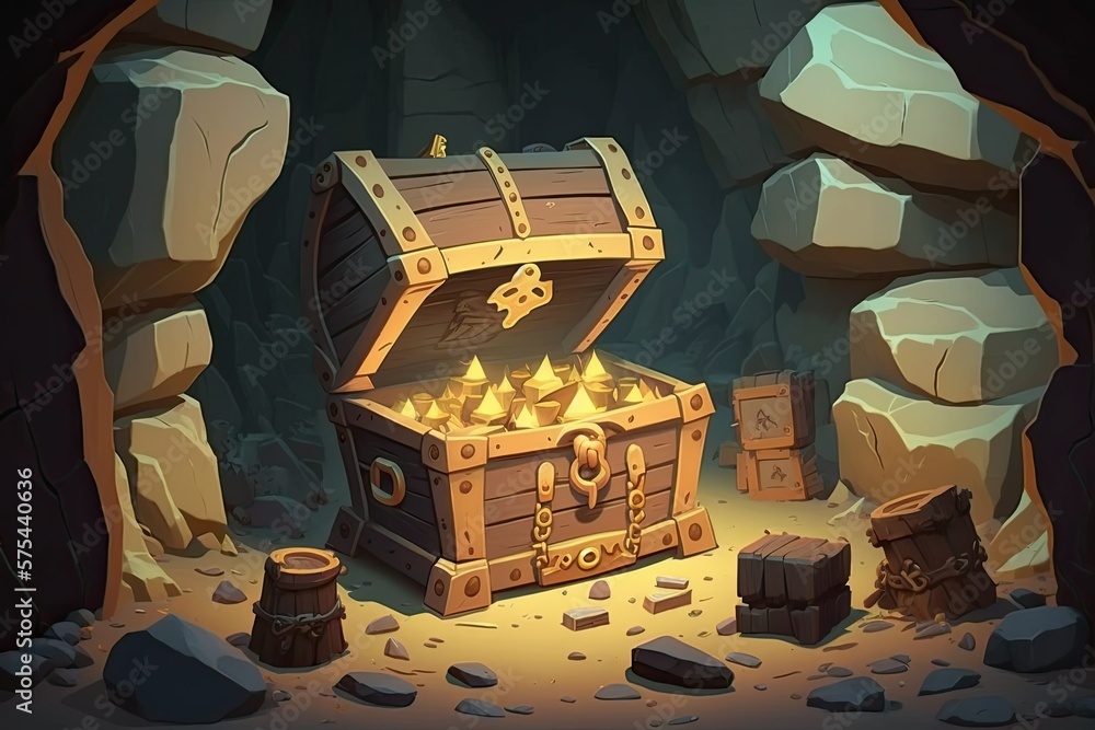 Lost relic grotto. a cartoon mine with some old gold coins in a wooden ...