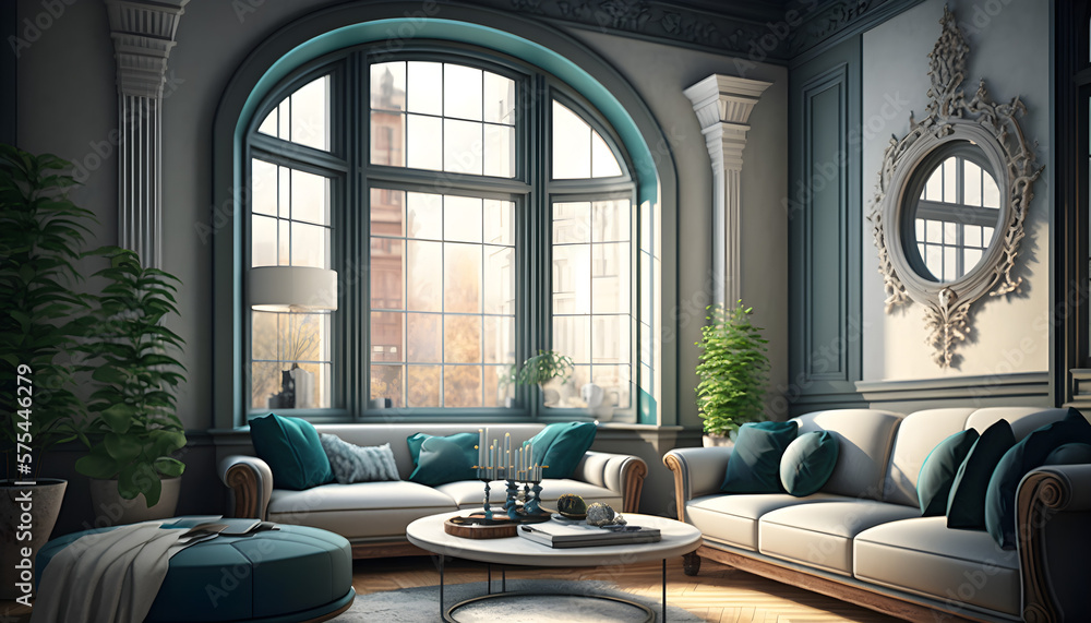 Stylish room design, Living room with a round window, interior design ...