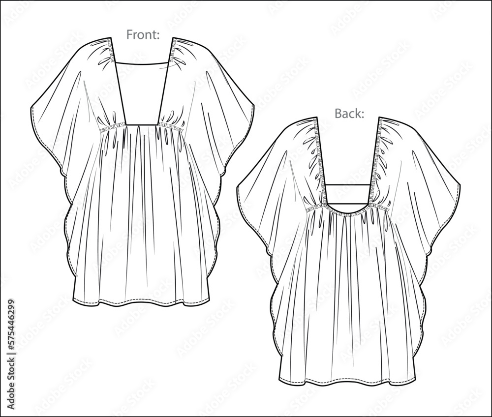 Vector short sleeve square neck mini dress technical drawing, woman ...