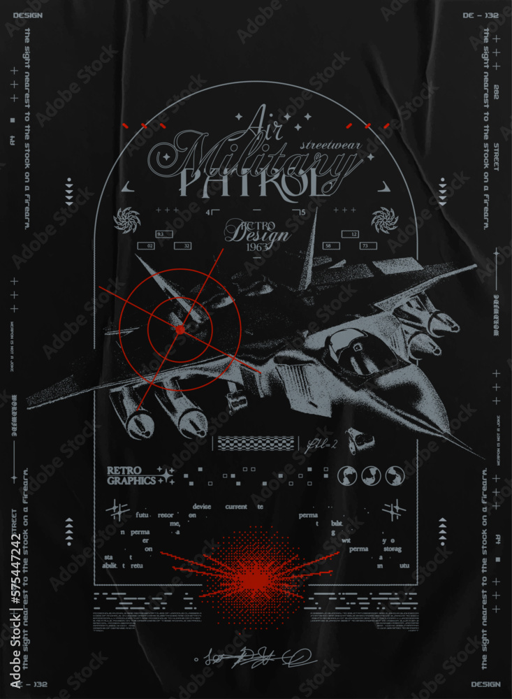 Retro poster with a flying fighter jet. Abstract print with paper ...