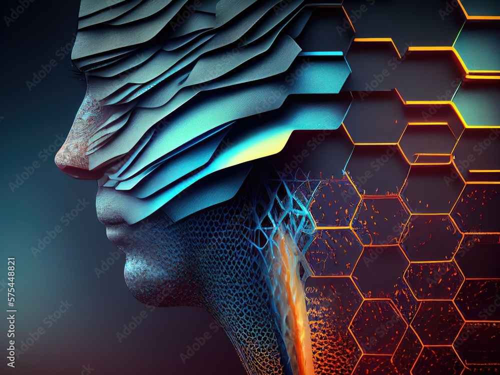 Futuristic male face covered with metal abstract shapes and hexagons ...