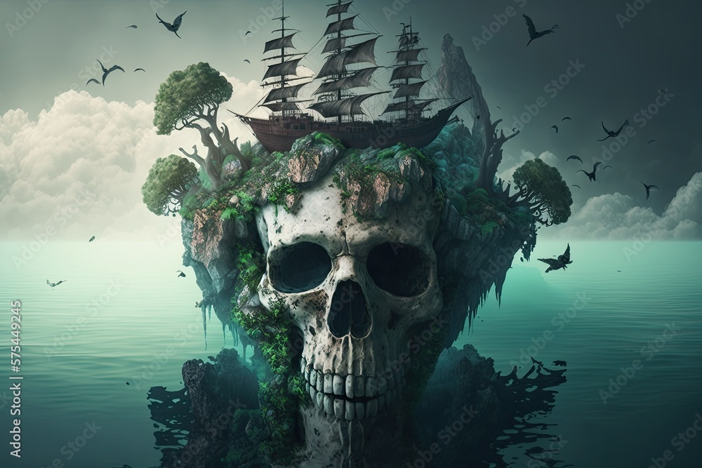 Try to locate the Skull Island. A sailing vessel, possibly a pirate ...