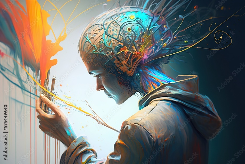 ai brain with neural connections studying to draw, created with ...