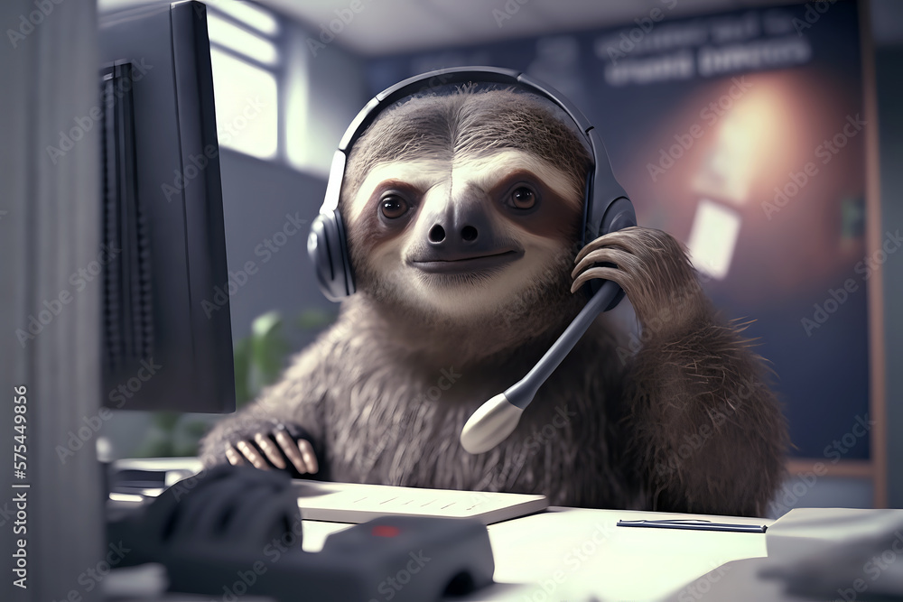 Sloth as a customer service assistant at his desk at work. Generative ...