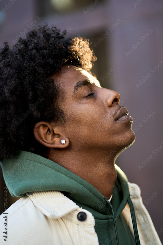 Cool young hipster gen z African American teen profile side face ...