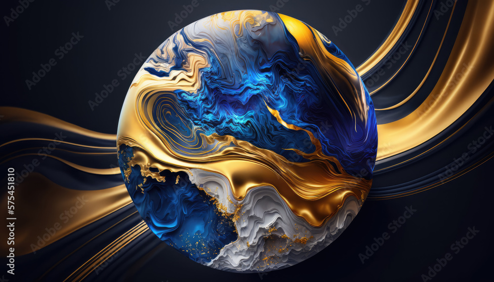Marble and silk planet sphere texture in gold and blue colors with ...