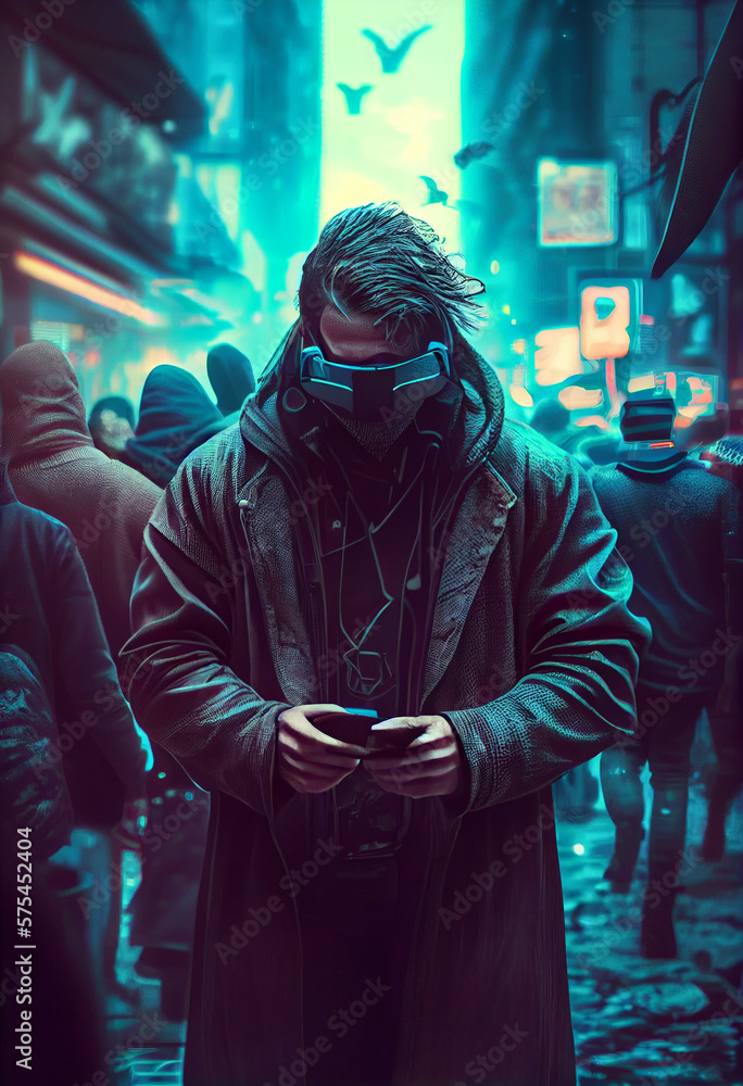 Man wearing virtual reality headset having great fun outdoors at street ...