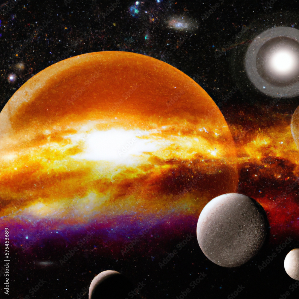 Orgomic orange planet with a ring of fire around its equator. Several ...