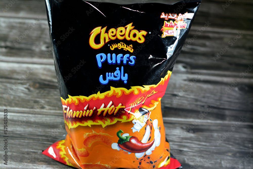 Cairo, Egypt, February 10 2023: Cheetos puffs with enriched corn meal ...