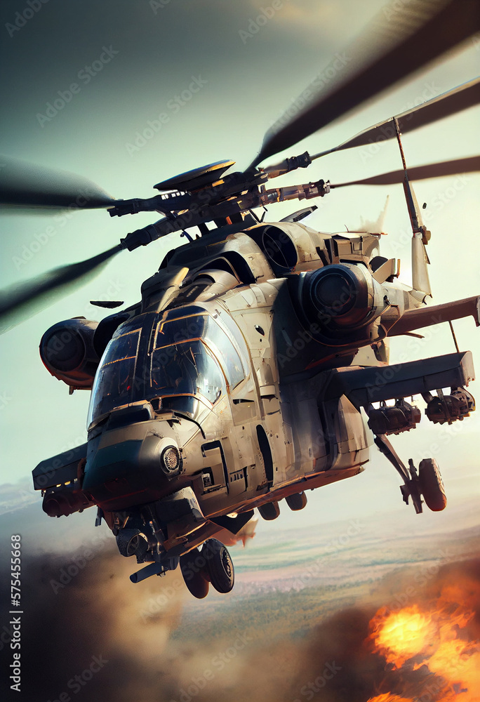 Military Helicopter Gunship Unleashing Missile attack. Air forces. High ...