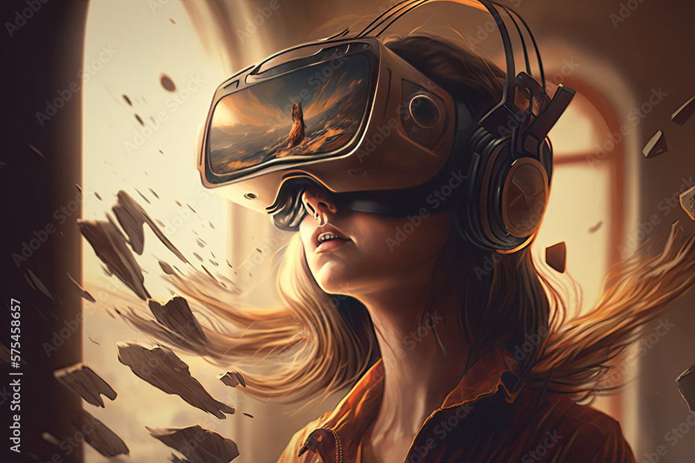 woman experiencing virtual reality using a vr device , ai generated ...