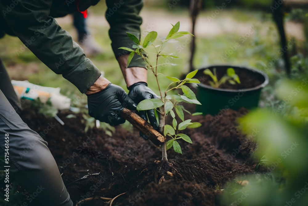 People planting trees or working in community garden promoting local ...