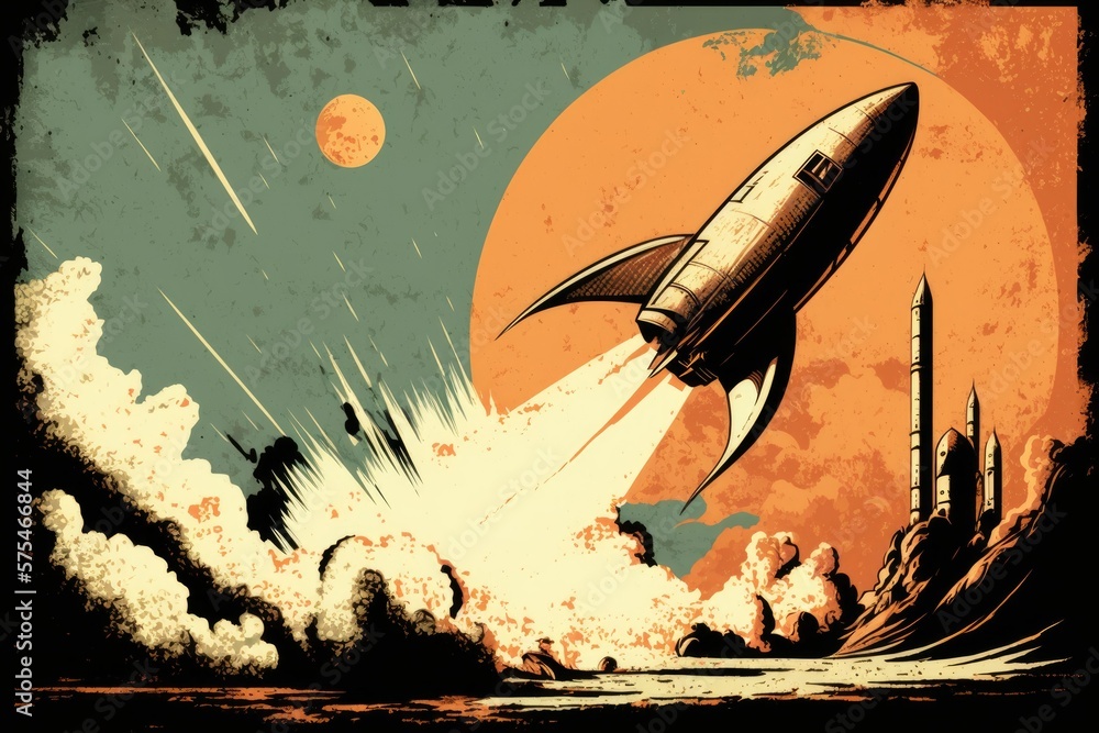 Poster from the 1970s featuring a rocket launch to Mars with a grungy ...