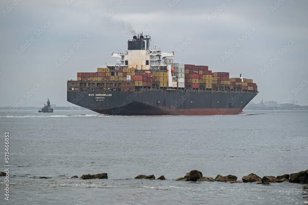 MSC container ship Dardanelles sails into Charleston Harbor, SC, USA on ...