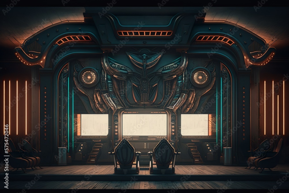 Dark sci-fi theater with horroristic creepy futuristic interior ...