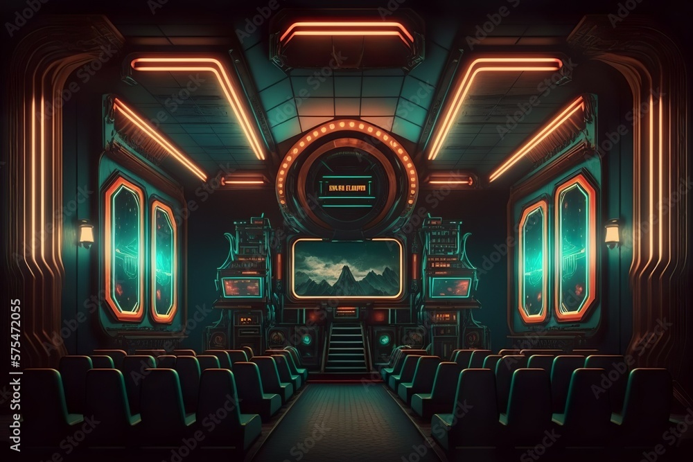 Dark sci-fi theater with horroristic creepy futuristic interior ...