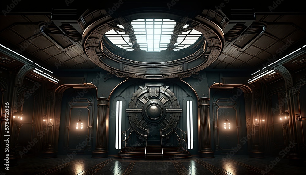 Dark sci-fi theater with horroristic creepy futuristic interior ...