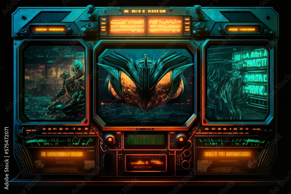 Dark sci-fi theater with horroristic creepy futuristic interior ...
