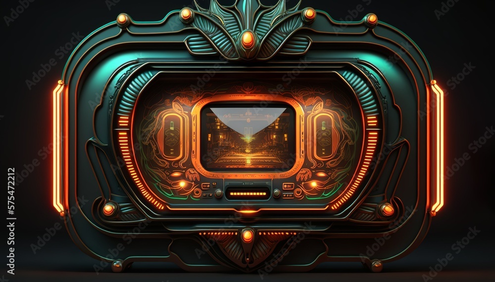 Dark sci-fi dieselpunk terminal screen with neon display in futuristic ...