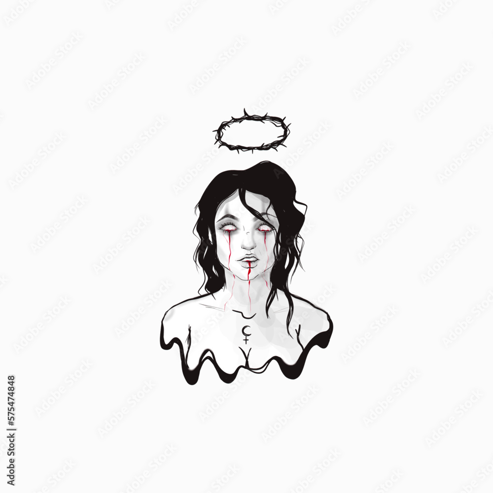 drawing of demonic female. Lilith goddess symbol. Woman bleeding from ...