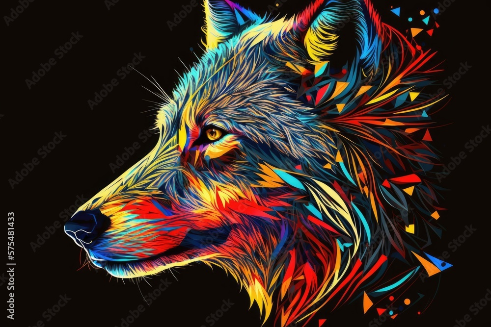 Design of a wolf's head in bright primary colors, in the style of pop ...