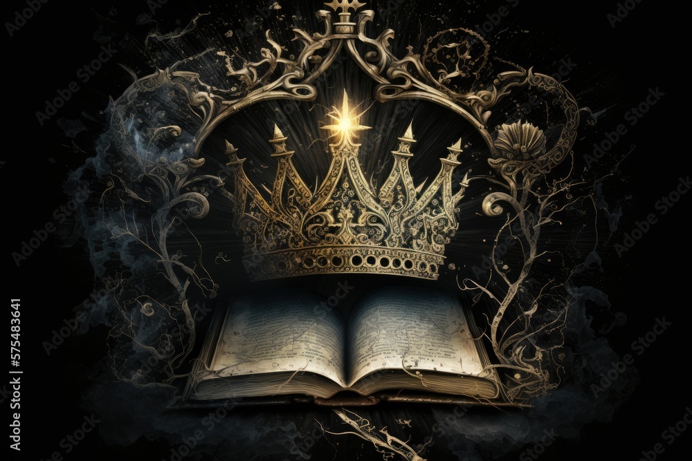 image of an old crown and book superimposed on a gothic black ...