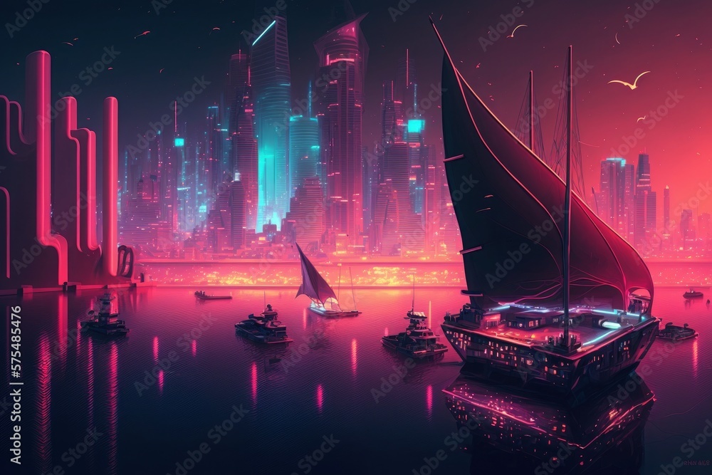 boats docking in a floating neon city created with Generative AI ...