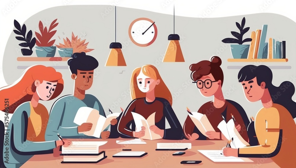 Colorful cartoon illustration showcases group peer tutoring, fostering ...