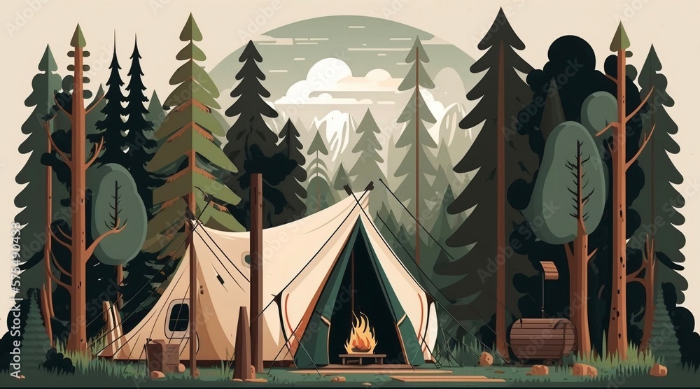 Vector Style Flat Illustration of Empty Campsite with Frontier Canvas ...