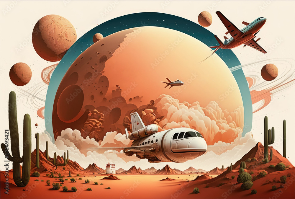 Mars Colonization Illustration Space travel to Mars poster. Generative ...