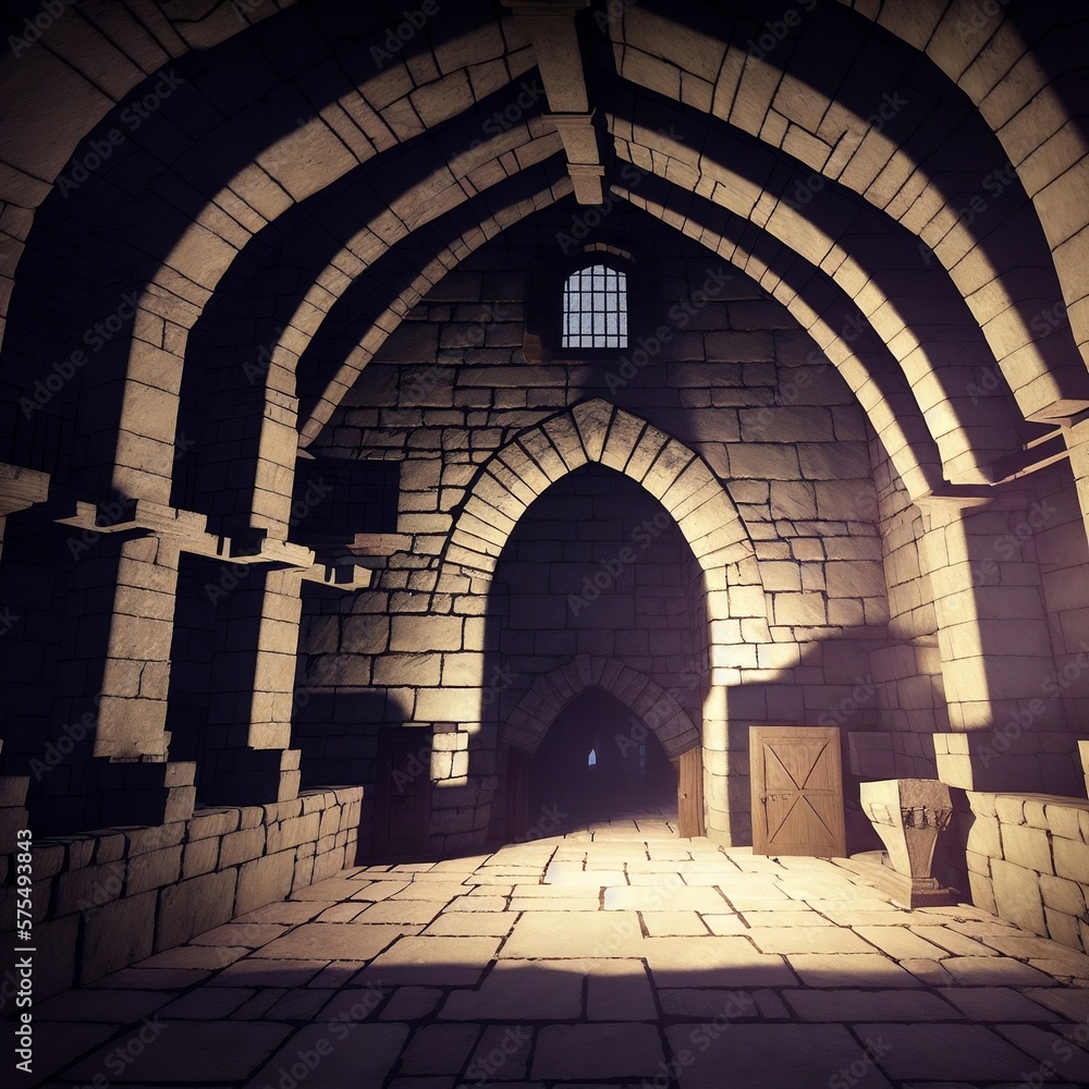 interior architecture of a fantasy medieval castle, stone wall, prison ...