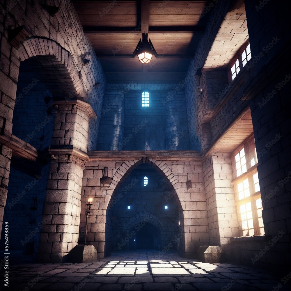 interior architecture of a fantasy medieval castle, stone wall, prison ...