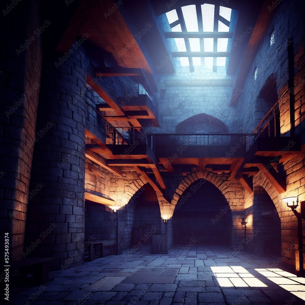 interior architecture of a fantasy medieval castle, stone wall, prison ...