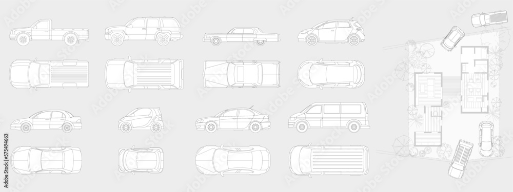 Vehicle elevation and top view vector flat illustration collection ...