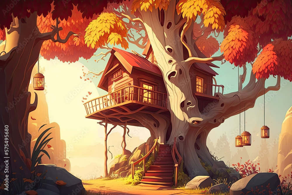 In the middle of the woods, under a golden ray of sunshine, there is a ...