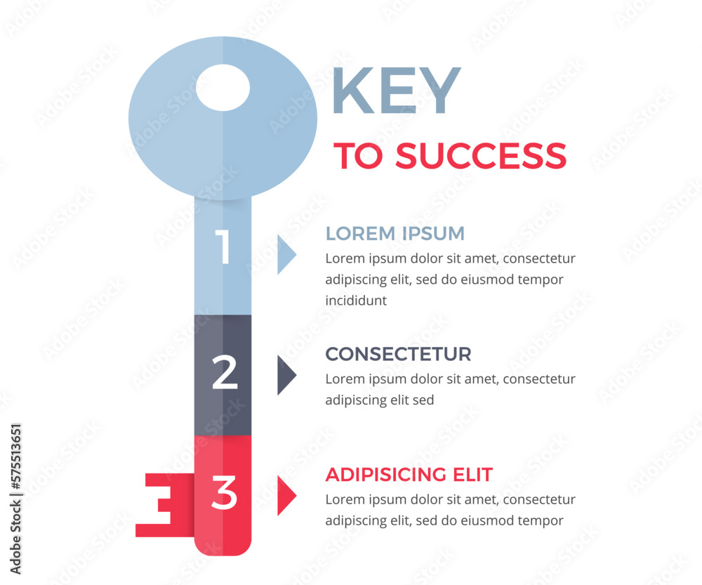 Infographic template with key divided on 3 segments, key to success ...