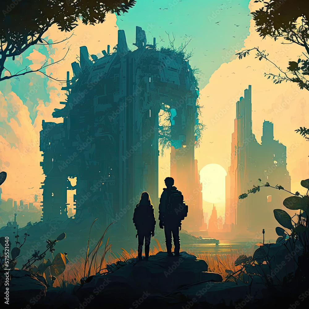 A eco dystopia, overgrown city background with sillouetes of humans ...