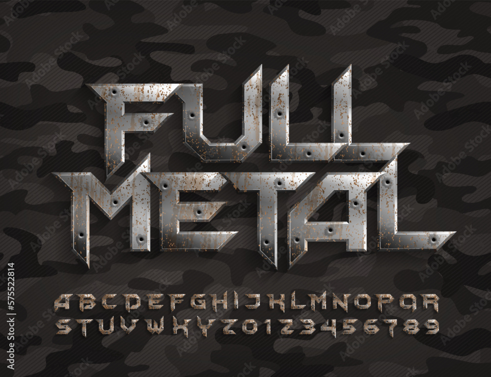 Vetor de Full Metal alphabet font. Rusty metal letters and numbers with ...