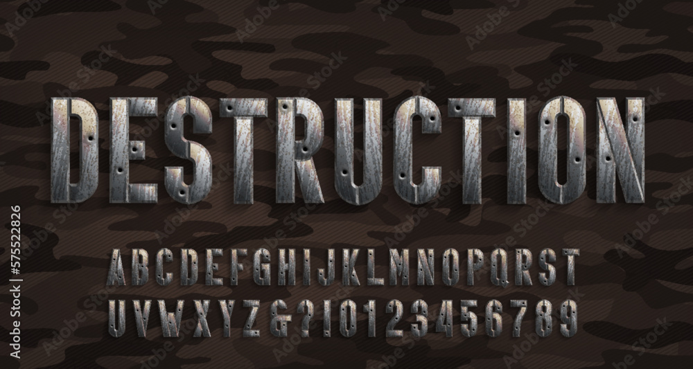 Destruction alphabet font. Rusted metal letters and numbers with bullet ...