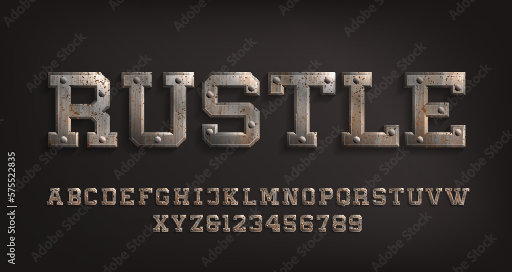 Rustle alphabet font. Rust metal letters and numbers with rivets. Stock ...