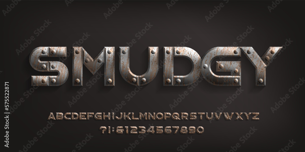 Smudgy alphabet font. Rust metal letters and numbers with rivets. Stock ...