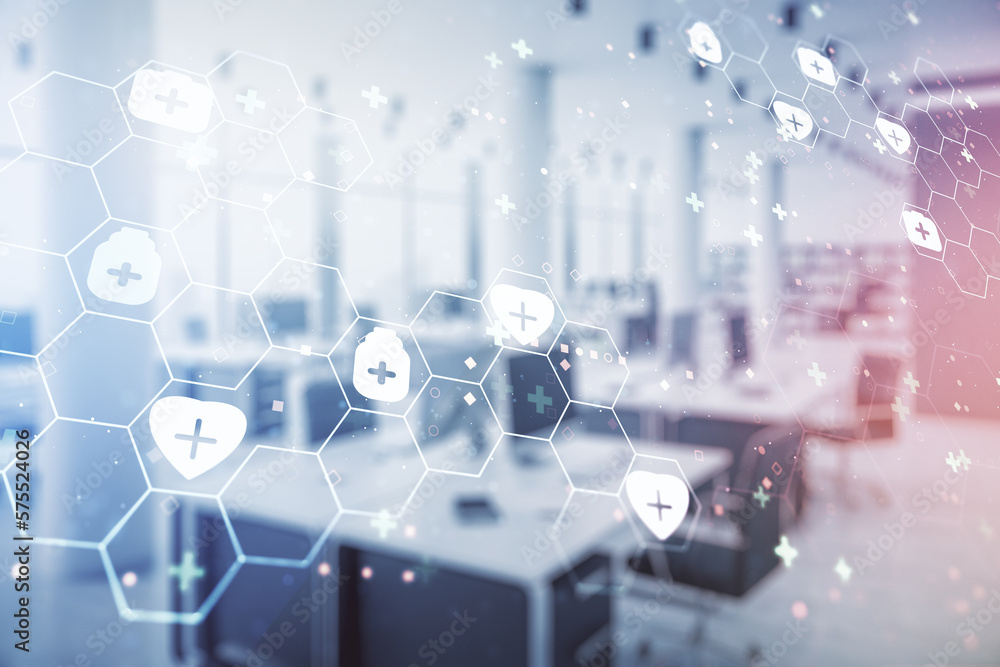 Abstract virtual medical sketch on a modern furnished office interior ...