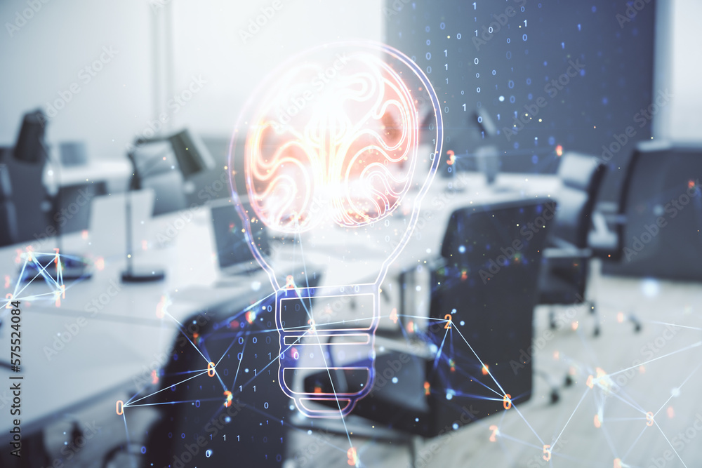 Abstract virtual creative light bulb with human brain hologram on a modern furnished office ...
