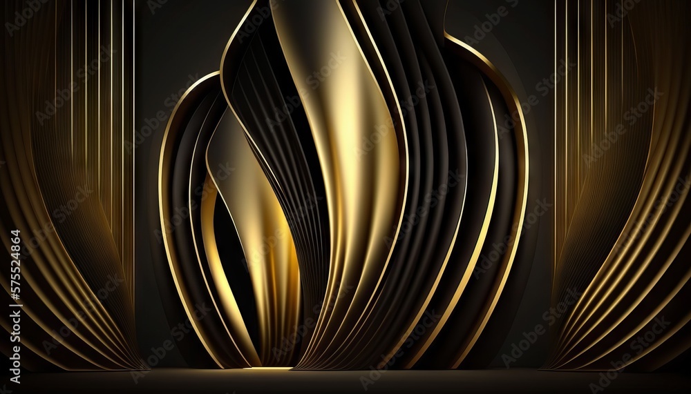 Black Golden Curtain Stage Award Background. Trophy on Red Carpet ...
