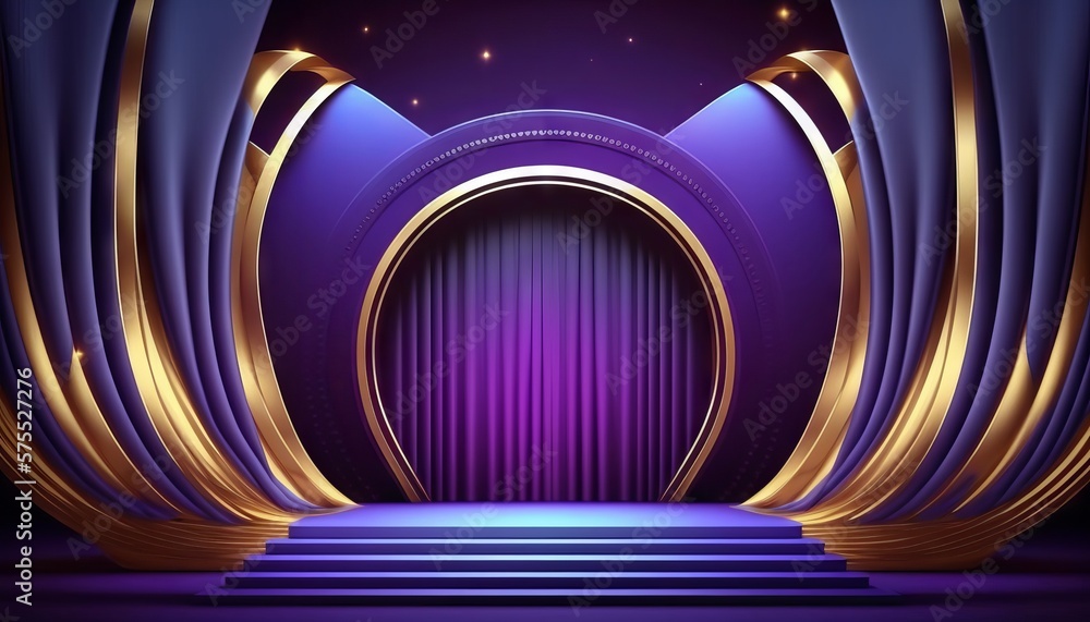 Blue purple Golden Curtain Stage Award Background. Trophy on Red Carpet ...