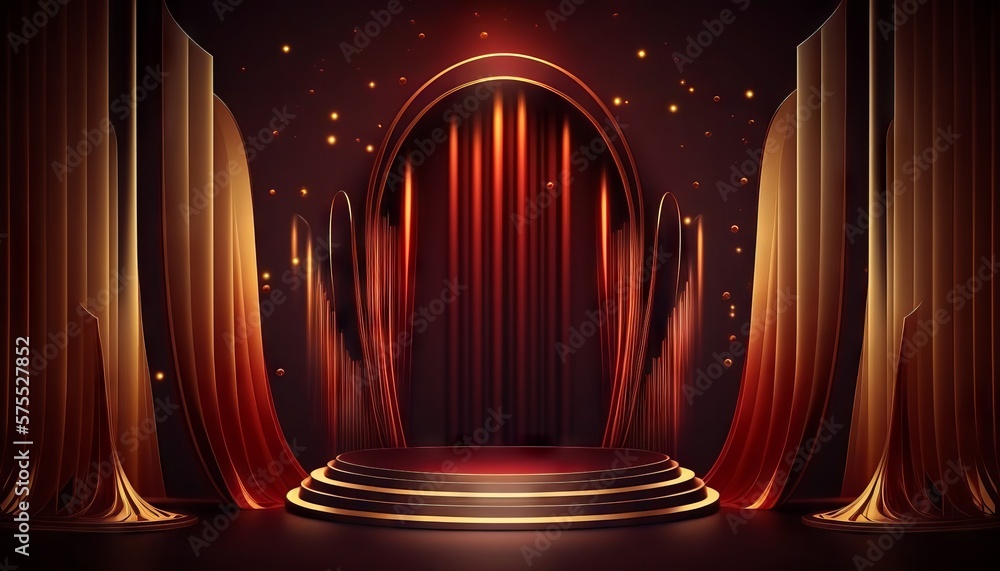 Red Maroon Golden Curtain Stage Award Background. Trophy on Red Carpet ...